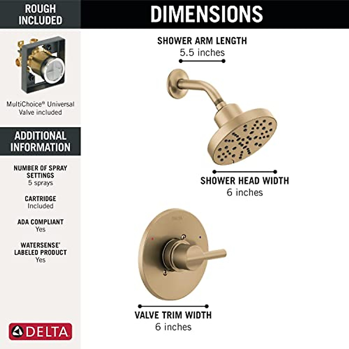 Delta Faucet Nicoli 14 Series Single-Handle Gold Shower Faucet, Shower Trim Kit with 5-Spray H2Okinetic Shower Head, Champagne Bronze 142749-CZ (Shower Valve Included)