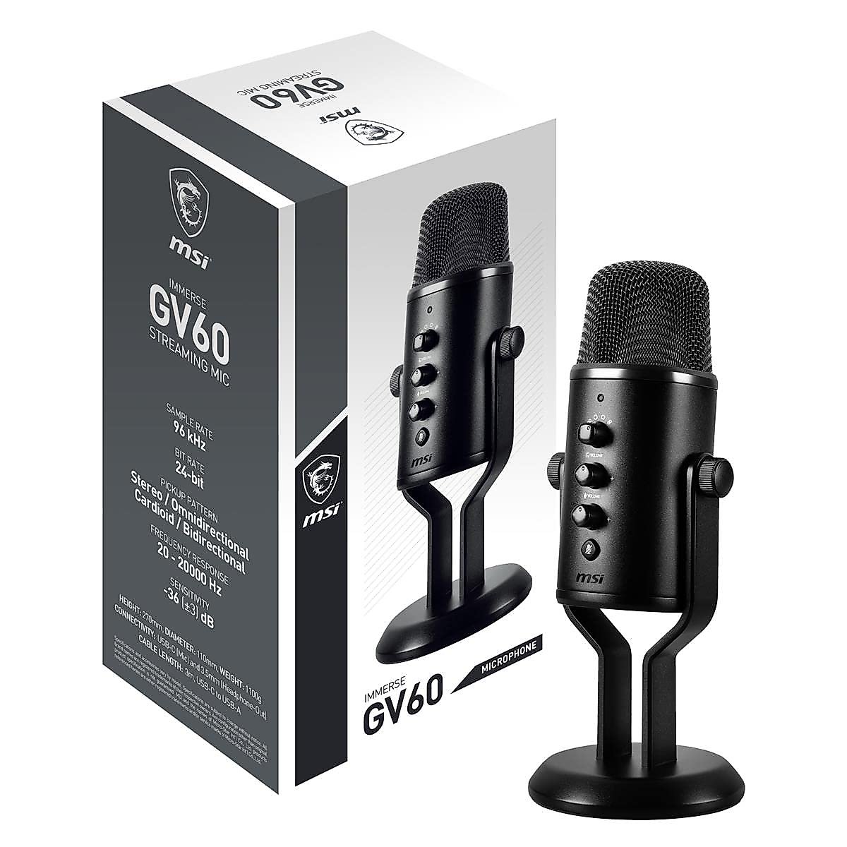 MSI IMMERSE GV60 Streaming Microphone (USB Type-C Interface and 3.5mm Aux, for Professional Applications with Intuituve Control in 4 Modes: Stereo, Omnidirectional, Cardioid and Bidirectional)