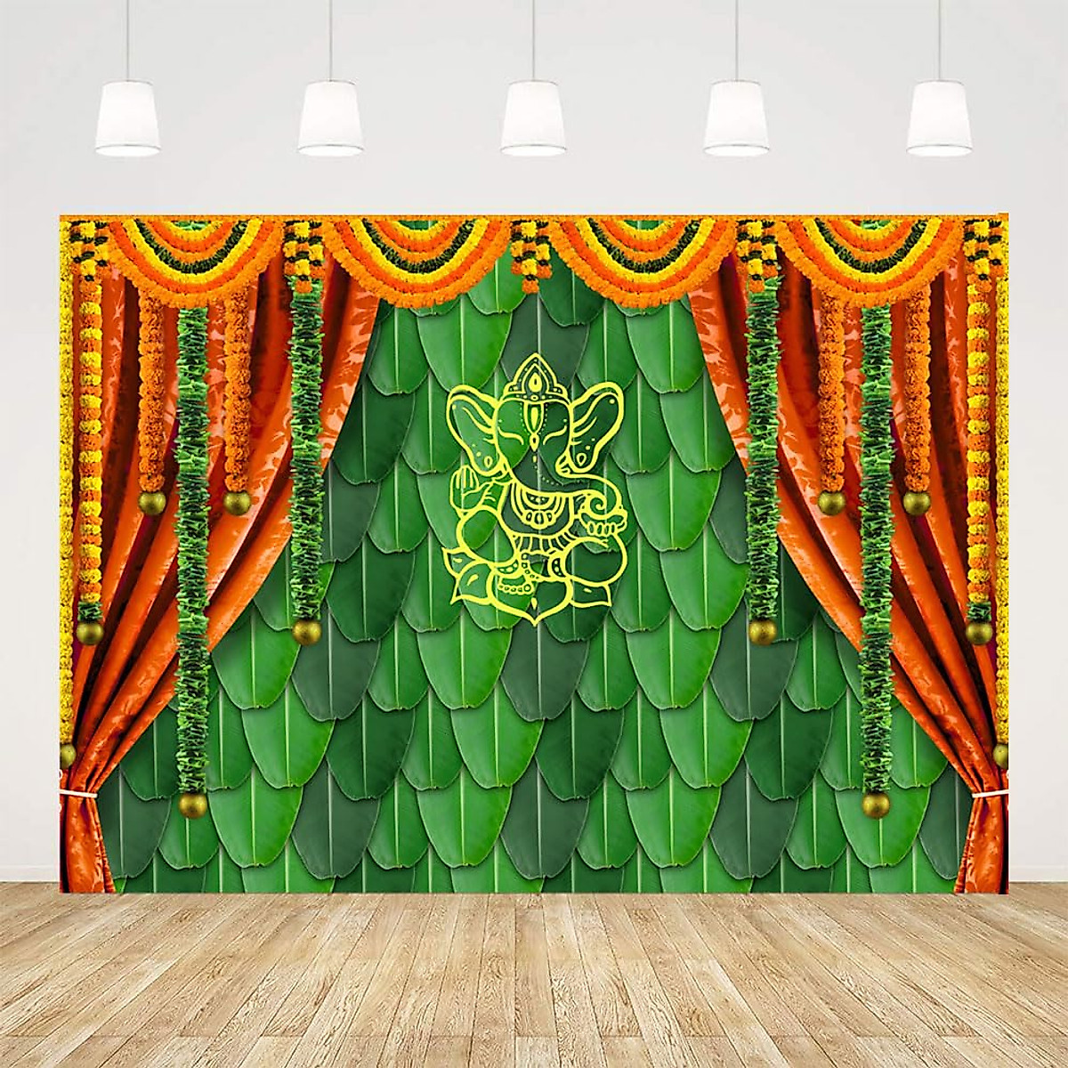 Ticuenicoa 10x7ft India Pooja Traditional Photography Backdrop Banana Leaf Green Chatiya Ganesh Background Puja Ganpati Pooja Mehndi backdrops Decorations Wedding Party Marigold Garlands Photo Props
