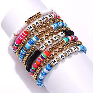 HZEYN MAMA Heishi Bracelet Set Stackable Heishi Clay Beaded Stretch Bracelet Preppy Jewelry Thanksgiving Gifts for Mother Colorful Blue