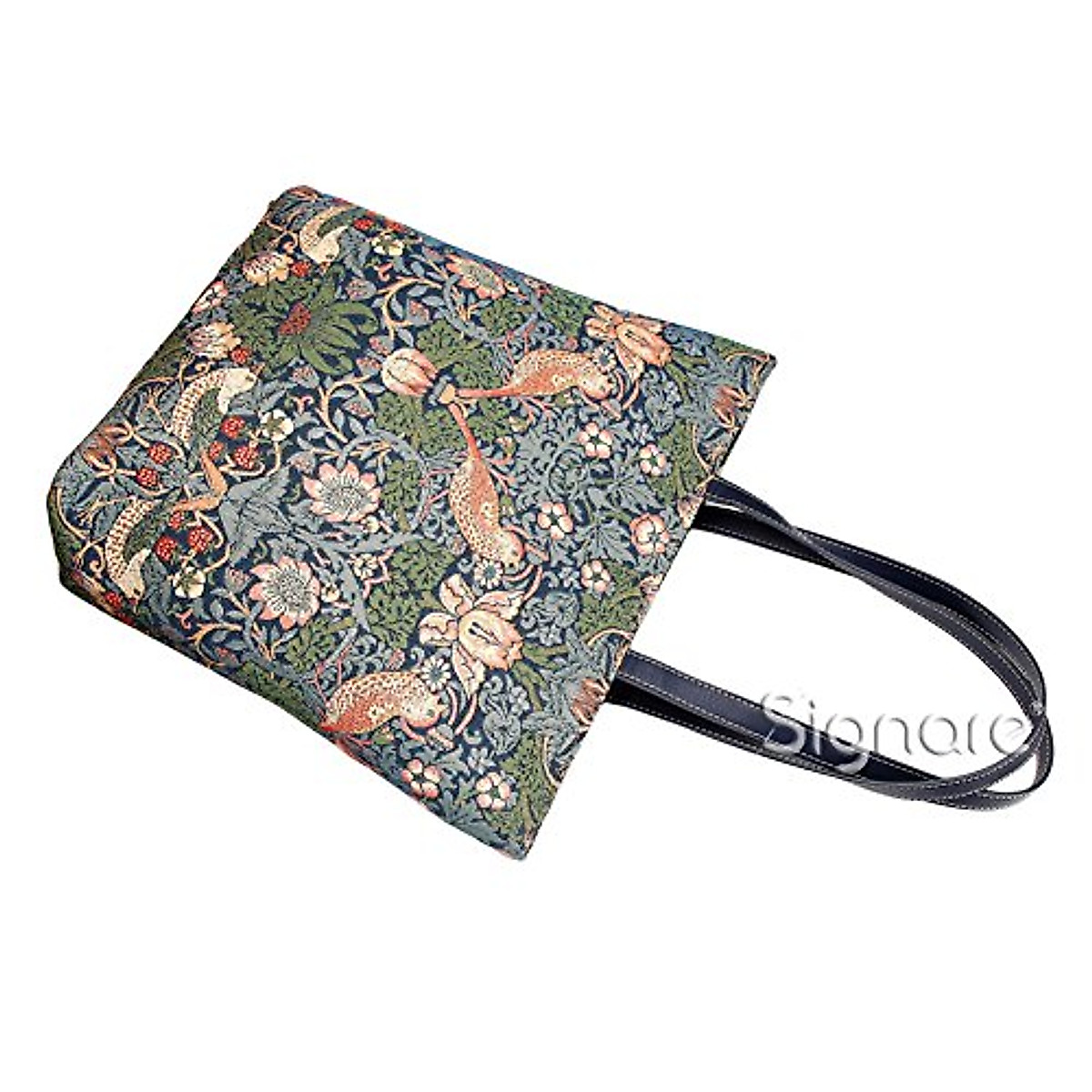 Signare Tapestry Shoulder Bag Tote Bag for Women with Blue Flower and Bird William Morris Strawberry Thief Design (SHOU-STBL)