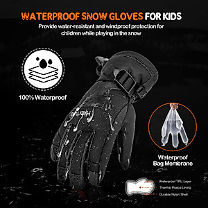 Hikenture Waterproof Kids Snow Gloves,3M Thinsulate Winter Gloves for Boys &Girls,Insulated Ski Gloves for Youth,Childrens,Age 10-12(Black L)