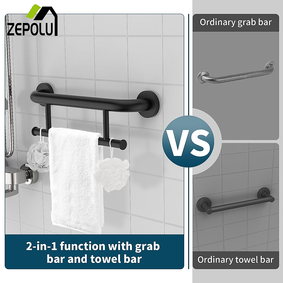 Black Grab Bar Towel Rack Combo, Zepolu Handicap Towel Bar for Bathroom, Stainless Steel Safety Assist Bar Balanced Support Handle 17 Inch, Wall Mounted Towel Grab Bars for Senior Elderly Disabled