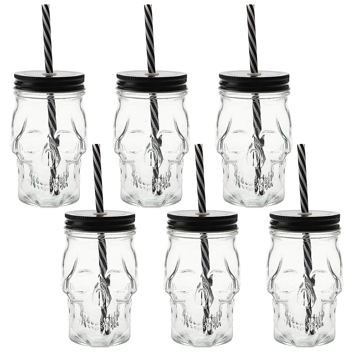 TOPZEA 6 Pack Mason Jars Mugs, 16 oz Glass Skull Mason Drinking Mugs Tumbler Cup with Straws Old Fashioned Jar Drinking Glasses Heavy Base for Beverage, Brandy, Liquor, Jello