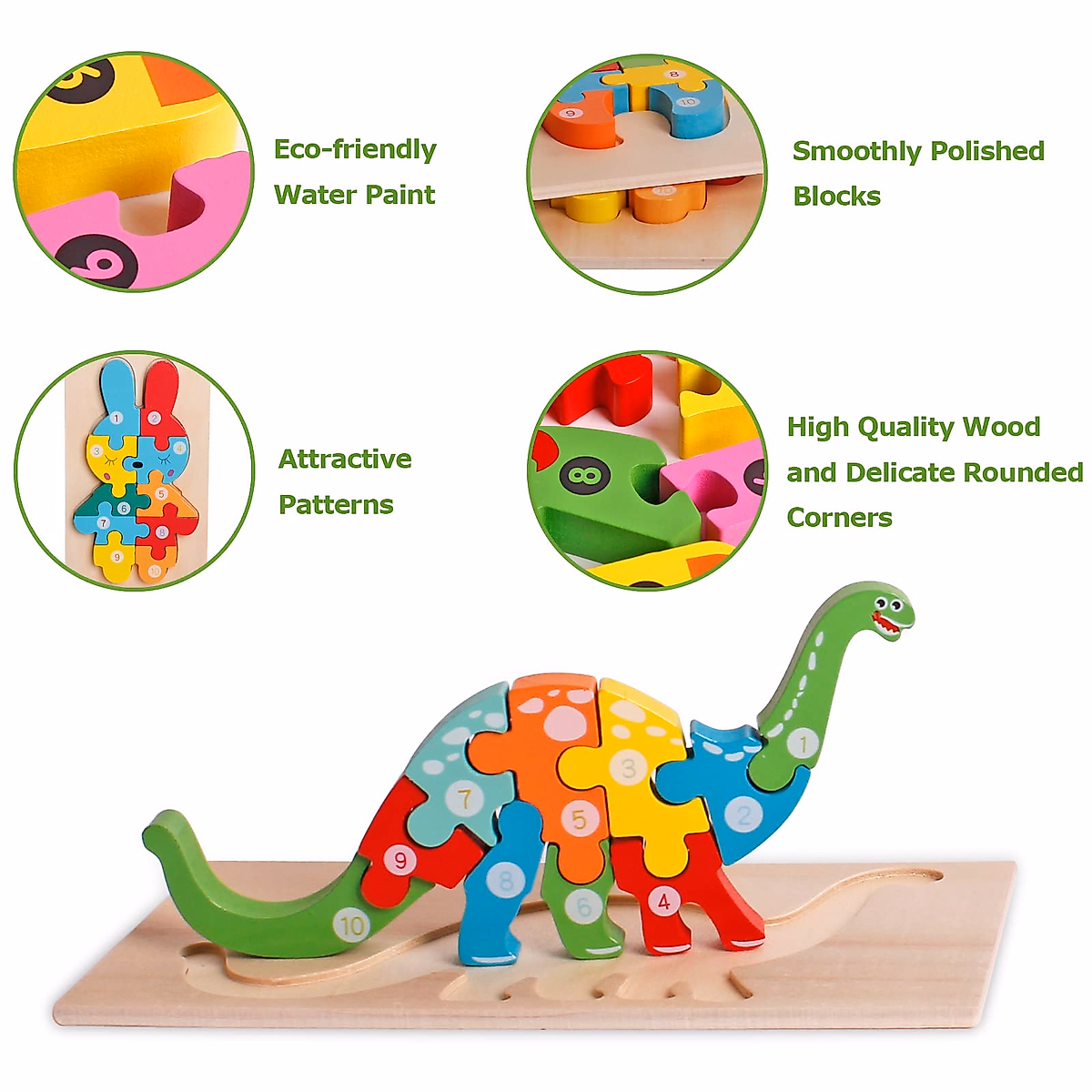 SHIERDU Wooden Puzzles for Kids, Toddler Number Puzzle, Old Wooden Dinosaur Puzzles and Animal Jigsaw Toys for Boy Girl Ideal Gift, 2-6 Years, Pack of 6, 2-1