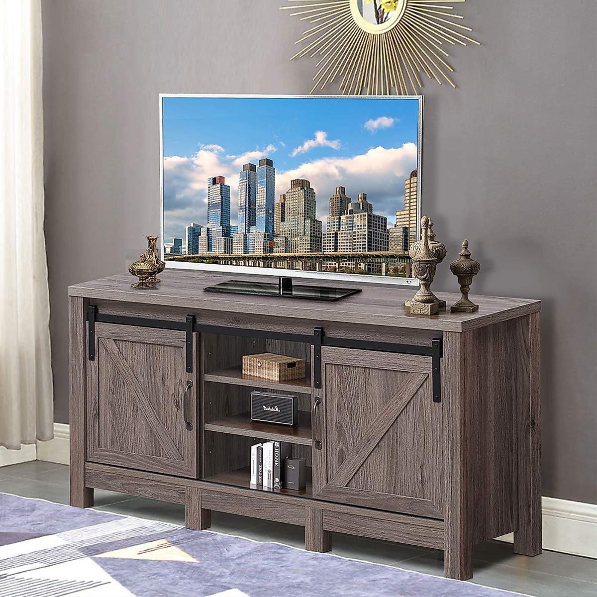 Tangkula TV Stand with Sliding Barn Doors, Modern Farmhouse Wood Entertainment Center for 55 Inch TV, Media Console Cabinet w/Storage Cabinets & Adjustable Shelves, Grey TV Stands for Living Room
