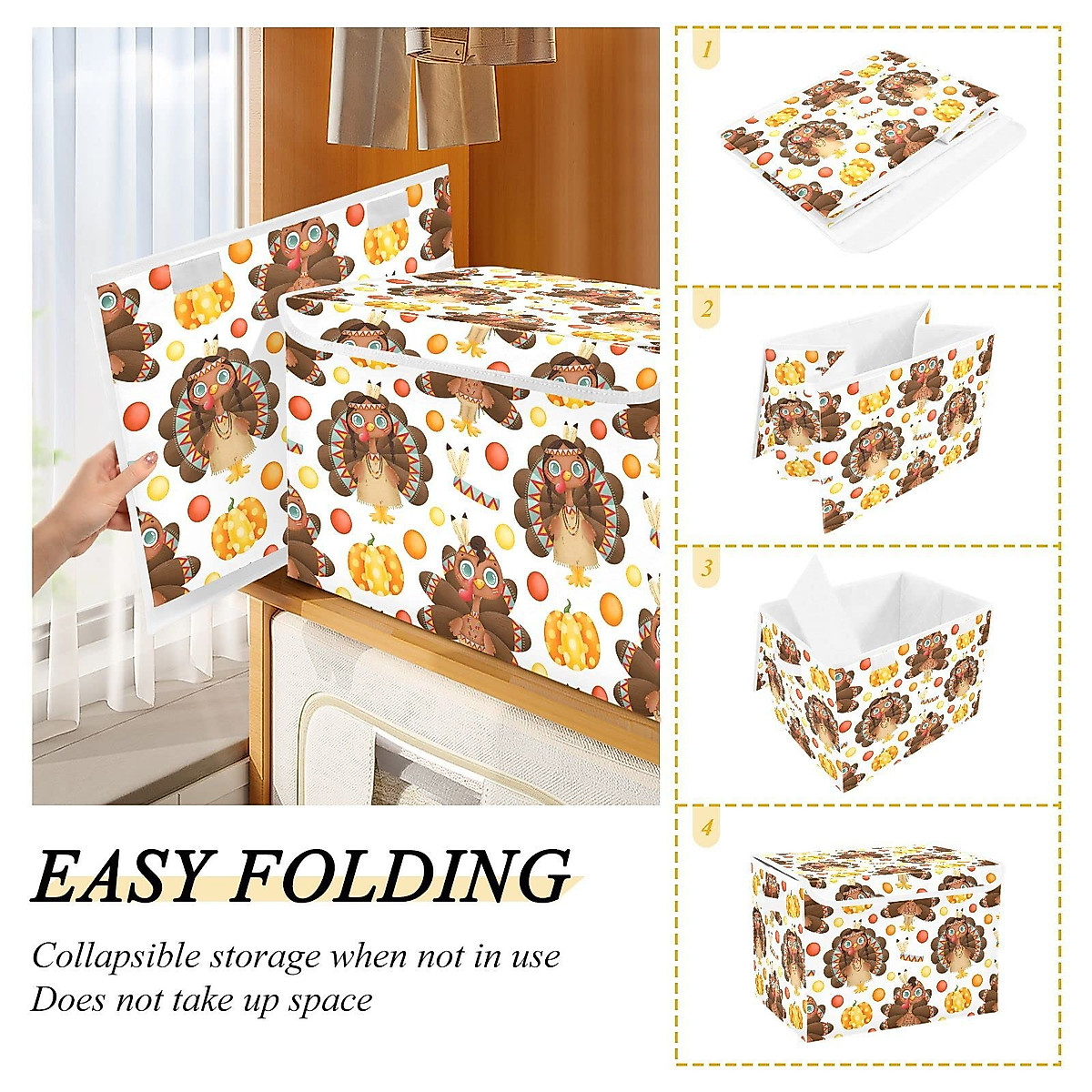 Vnurnrn Tribal Tturkey Collapsible Storage Bin with Lid, Foldable Storage Basket Cube for Clothes Toys 16.5×12.6×11.8 IN