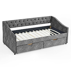 GLANZEND Twin Size Tufted Daybed with Double Storage Drawers, Upholstered Sofa Bed, Wooden Couch with Button on Back and Copper Nail on Waved Shape Arms, for Bedroom, Living Room, Gray