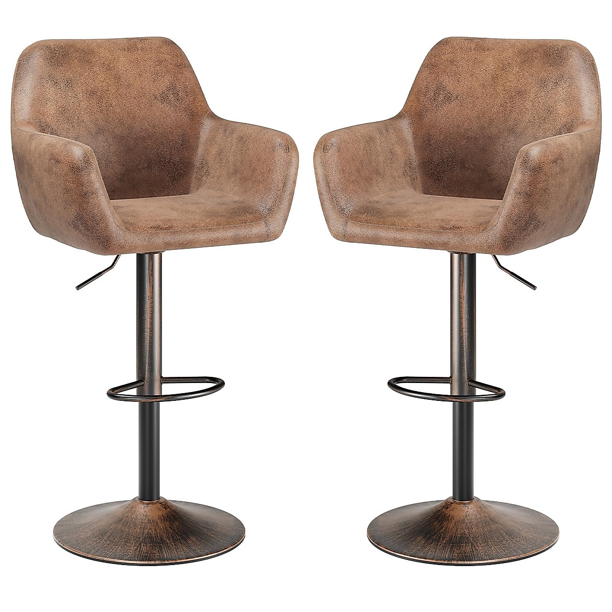 Keyluv Bar Stools Set of 2 for Kitchen Counter Adjustable Swivel Height Barstools 29 Inch Faux Leather Bar Chairs with Padded Back and Chromed Metal Base, Retro Brown