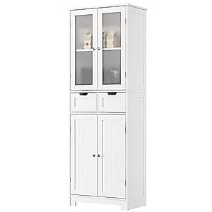 HORSTORS Tall Storage Cabinet, Freestanding Kitchen Pantry Cabinet with Glass Doors and Shelves, Large Modern Cupboard with 2 Drawers for Home Office, White, 23.6" L x 11.8" D x 66.9" H