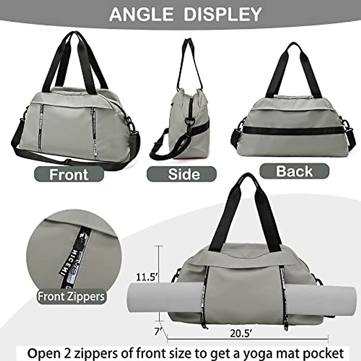 BASICPOWER Travel Duffel Gym Yoga Workout Tote Bag, Waterproof Overnight Weekender Bag, Dry-Wet Separated, with Yoga Mat Storage Tape, Grey