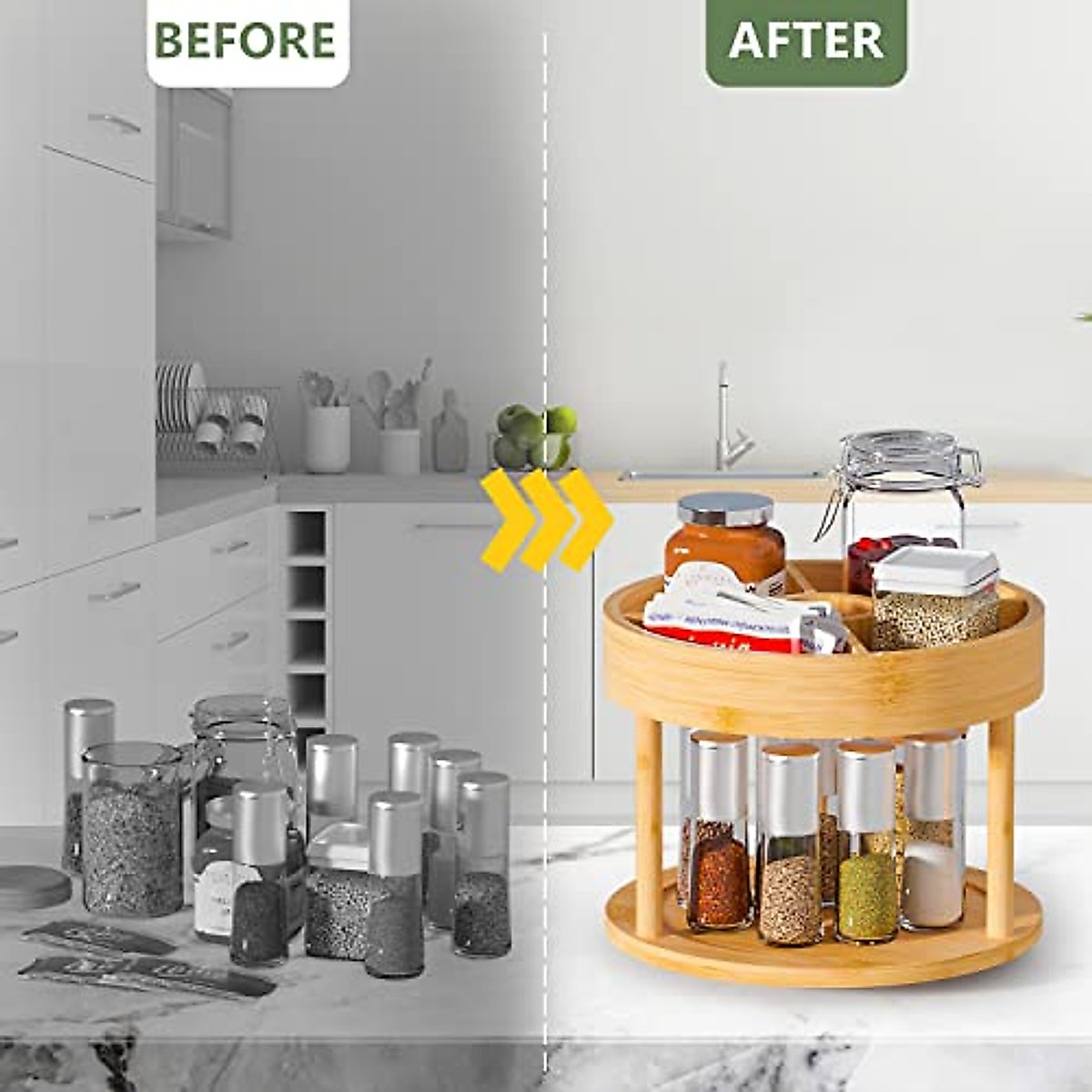 2 Tier Lazy Susan Spice Organizer - Bamboo Wooden Two Tier Lazy Susan Turntable with 4 DIY Partition Board 9.8 inch for Cabinet