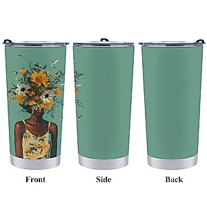 LLJEYOU Black Woman Flowers Birds Tumbler Insulated Travel Mug Stainless Steel Travel Tumbler Car Cup with Straw And Brush with Lid 20oz