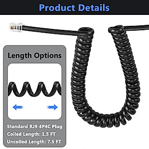 KINXIYU Telephone Handset Cord Detangler 1 Set, 1 Pack Landline Handset Cord Cable (7.5Ft Uncoiled, 1.5 Ft Coiled) and 1 Pack Anti-Tangle Telephone Cord Untangler 360 Degree Rotating Swivel Cord