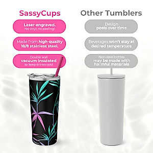 SassyCups Tropical Print Vacuum Insulated Stainless Steel Skinny Tumbler with Straw - Travel Gift, Christmas Gift, Tropical Palm Tree Themed Water Bottle, Travel Mug - Gift for Vacation, Adventure