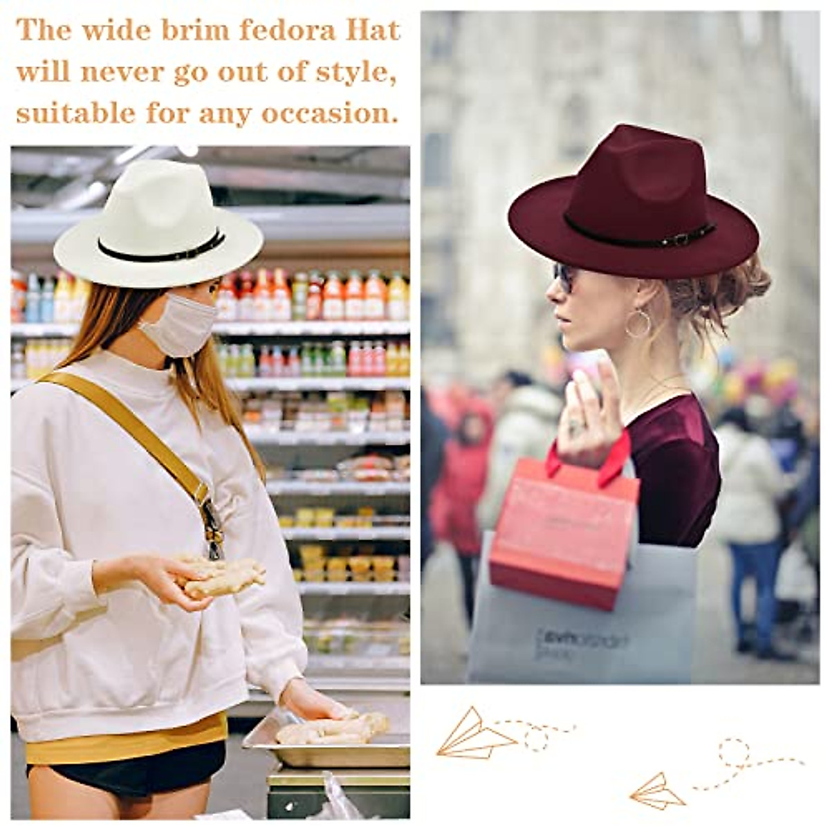 Women Classic Wide Brim Fedora Hat, 4 Pack Retro Panama Hat Wool Fedora Hat with Belt Buckle (Black+Wine Red+Navy Blue+Beige)