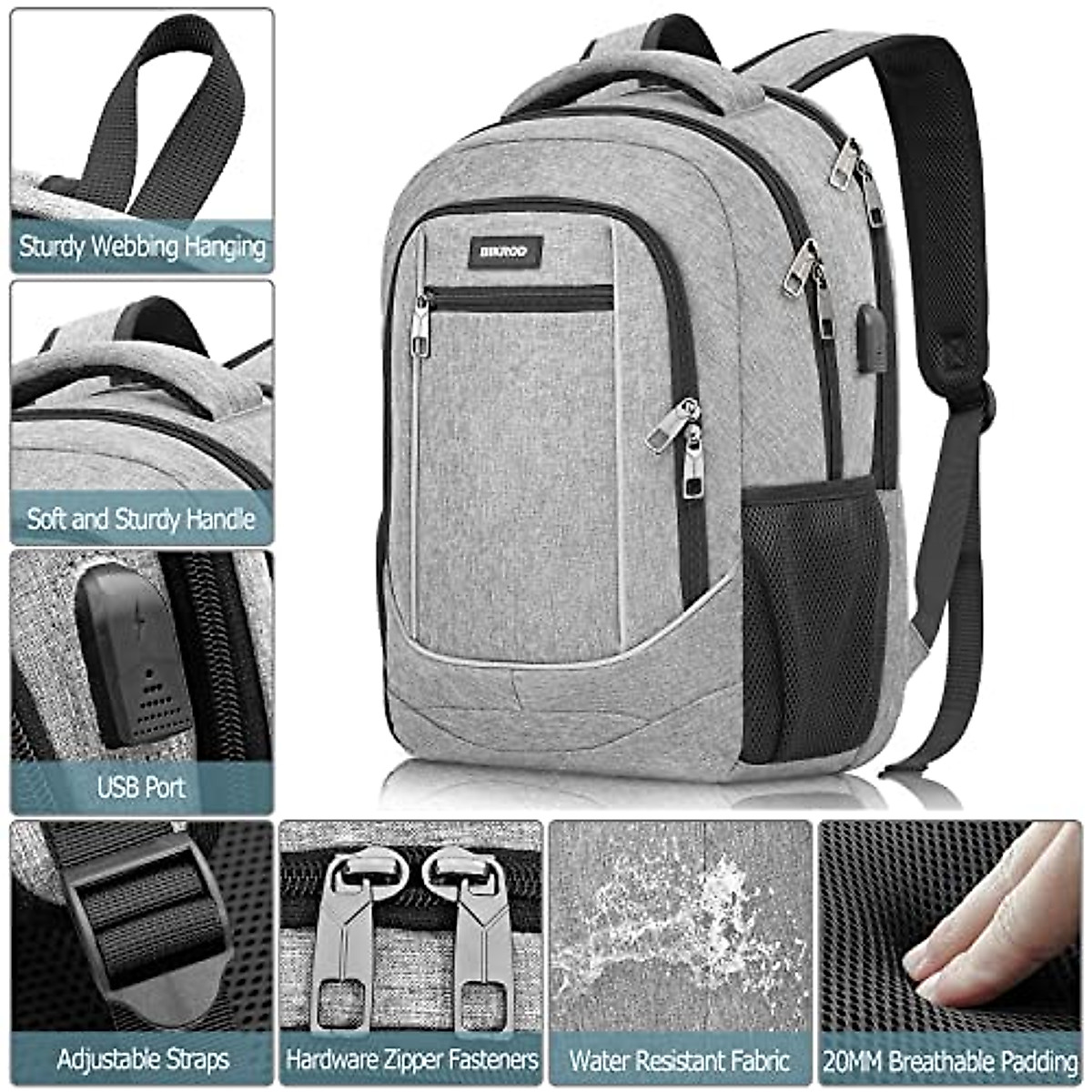 BIKROD Travel Laptop Backpack for Men and Women, Backpack for School Teen Boys and Girls, Student Bookbag 15.6 inch Laptop Compartment with USB Charging Port and Anti theft Poket, Grey