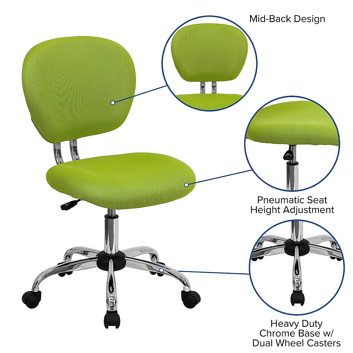 EMMA + OLIVER Mid-Back Apple Green Mesh Padded Swivel Task Office Chair with Chrome Base