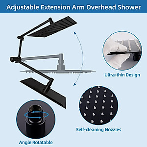 Rain Shower Head with Handheld Spray Combo - 10" Rainfall Showerhead + 7-Spray Handheld Spray Combo, Folded Extension Arm, 71" Shower Hose and 3 Settings Diverter, Matteblack