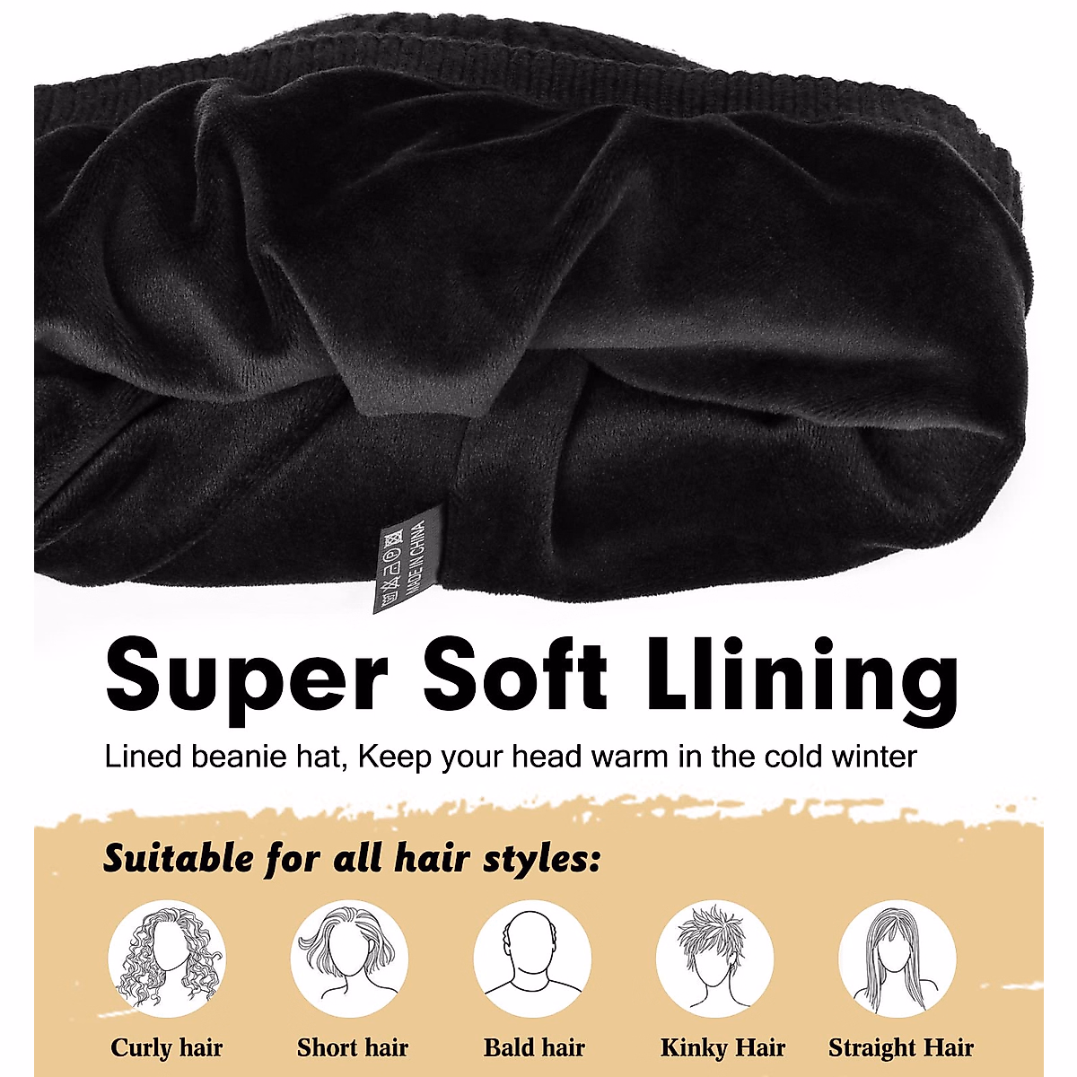 Winter Beanie Hats for Men Women, Fleece Lined Beanie Soft Warm Knit Hat Ski Stocking Cuffed Cap (Black)