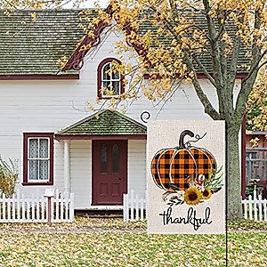 Thankful Pumpkin Garden Flag Vertical Double Sided Buffalo Plaid Burlap Fall Thanksgiving Rustic Farmhouse Yard Outdoor Decoration 12.5 x 18 Inch