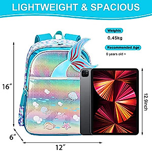 YOOVERSE Kids Backpack, Cute Mermaid Backpack for Girls, 16" Light Weight Waterproof School Backpack with Laptop Compartment (Backpack (one piece))