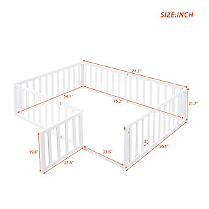 Harper & Bright Designs Full Size Floor Bed with Rails,Montessori Floor Bed Wood Frame with Fence and Door, for Kids Girls Boys (White)