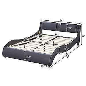 Anwickhomk Full Size Faux Leather Upholstered Platform Bed,Modern Wave Like led Bed Frame with LED Light/Headboard/Wood Slatted Supports,No Box Spring Needed (Black)
