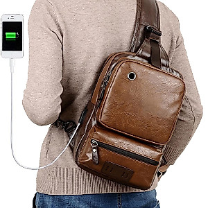 Small Brown Sling Crossbody Backpack Shoulder Bag for Men Women Vintage PU Leather CrossBody One Strap Casual Sling Backpack Cycling USB Charger