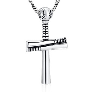 Yinplsmemory Cross Urn Necklace for Ashes Baseball with Bat Religious Urn Keepsake Necklace Stainless Steel Bat Cross Urn Locket for Ashes Holder (PH 4:13)