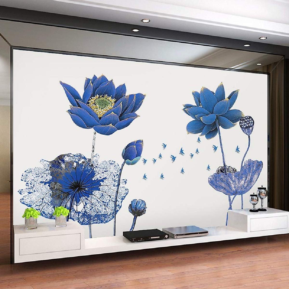 Creative Gaint Cartoon Blue Lotus Wall Stickers Removable DIY Flowers Nursery Decor Wall Decals 3D Floral Peel and Stick Art for Home Walls Girls Bedroom Living Room Classroom Bathroom