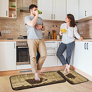 ALAZA Coffee Vintage 2 Piece Kitchen Rug Floor Mat Set Runner Rugs Non-Slip for Kitchen Laundry Office 20" x 28" + 20" x 48"