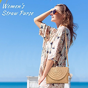 Kadell Straw Shoulder Bag, Women Straw Envelope Clutch Purse, Chic Handmade Straw Crossbody Bag, for Summer Beach (Brown-with pompoms)