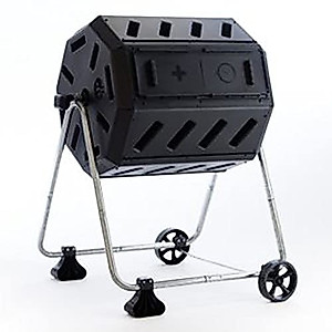 FCMP Outdoor IM4000-WK 37 Gallon Plastic Dual Chamber Tumbling Composter Outdoor Elevated Rotating Garden Compost Bin, Black/Black