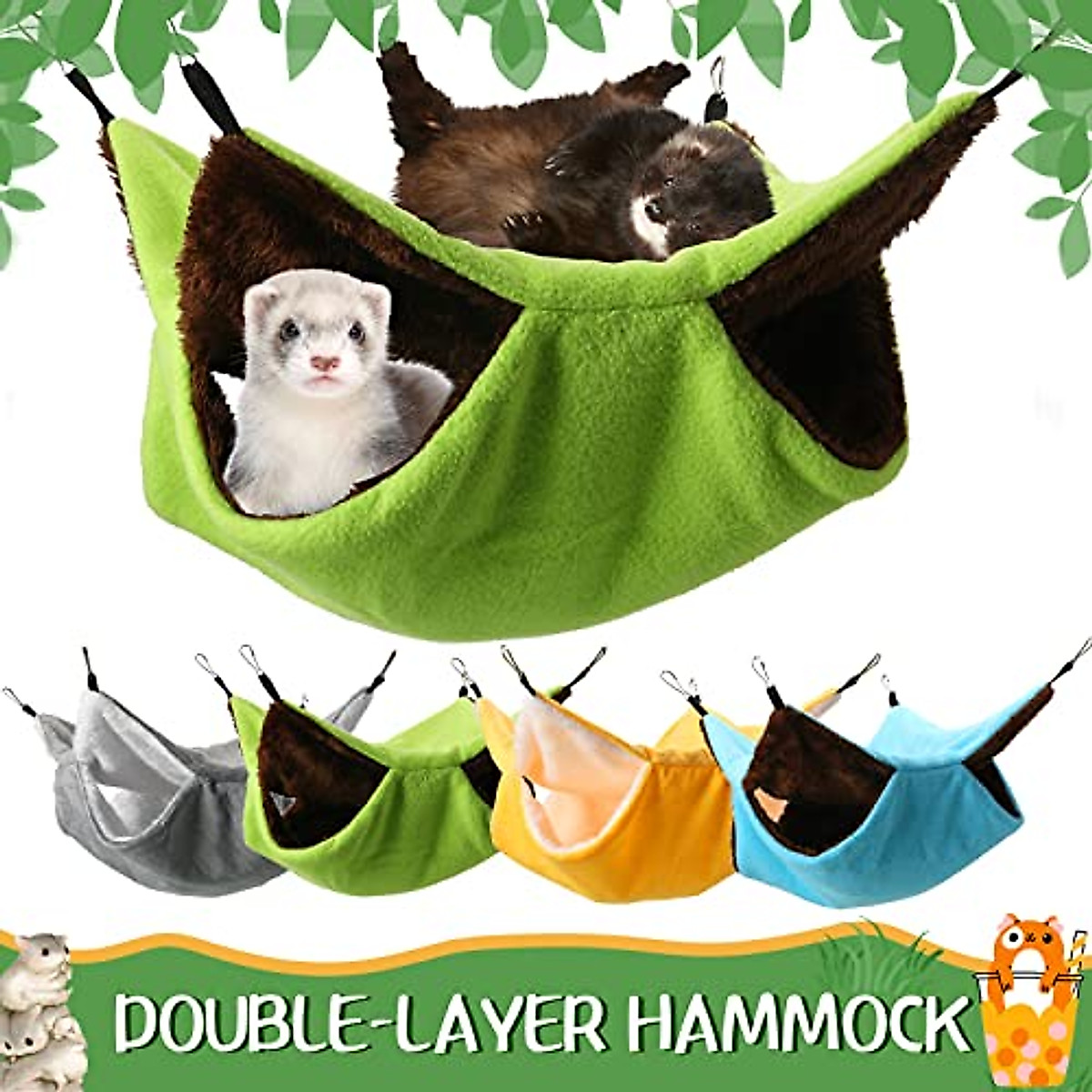 Nuogo 4 Pcs Pet Cage Hammock Small Animal Hanging Hammock Ferret Cage Accessories Double Layer Ferret Bed for Rat Guinea Pig Squirrel Chinchilla Playing and Sleeping, Green Blue Gray Yellow