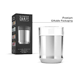 Elevated Craft Hybrid Cocktail Glass Premium Vacuum Insulated Steel Base with Removable Glass Insert - 12oz Rocks Glass, Double Old Fashioned Lowball for Margaritas, Bourbon, Whiskey - Steel