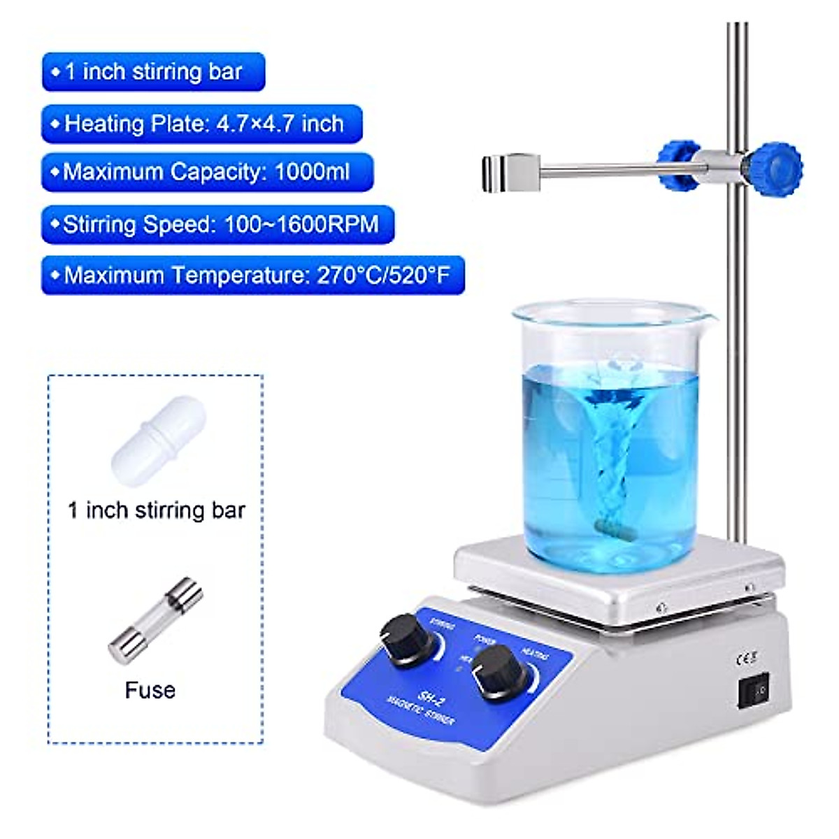 Slendor Magnetic Stirrer Hot Plate Mixer 1000ml Stirring Capacity 5 x 5 inch Max 520°F Hotplate and 100-2000 RPM Stirrer, Stirring Bar & Support Stand Included