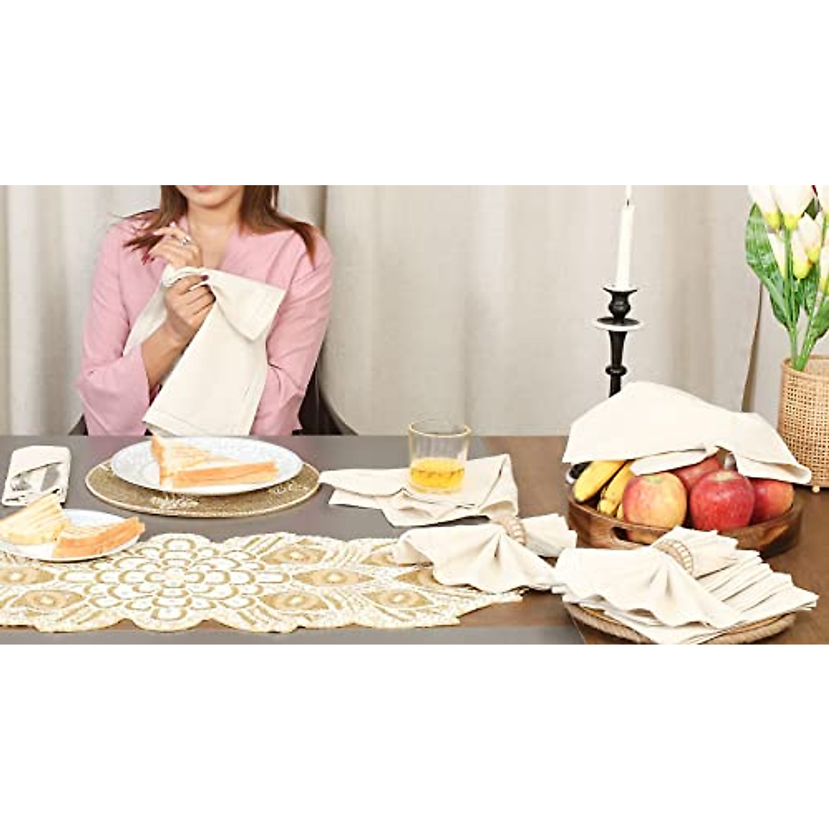 Linen Flax Cotton Cloth Dinner Napkin 18x18 Natural with Hemstitched,Wedding Napkins, Cocktails Napkins, Fabric Napkins, Cotton Napkins Mitered Corners, Machine Washable Dinner Napkins, Set of 12