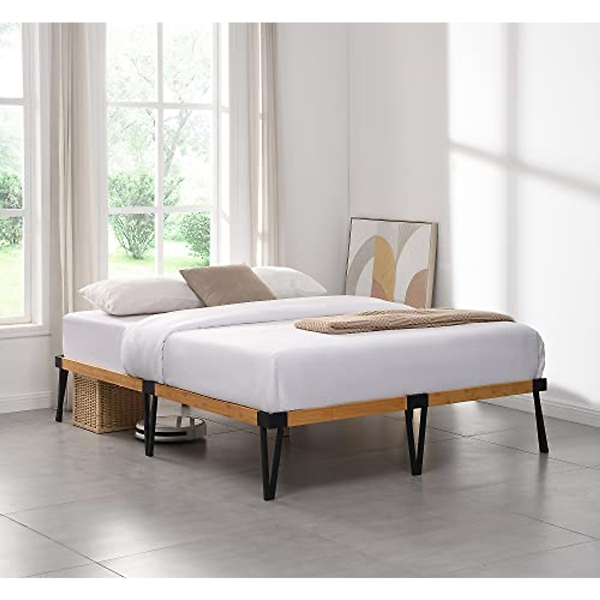 HW COMFORT 14 Inch King Size Solid Bamboo and Metal Platform Bed Frame with Bamboo Headboard/Easy Assembly, Natural & Black