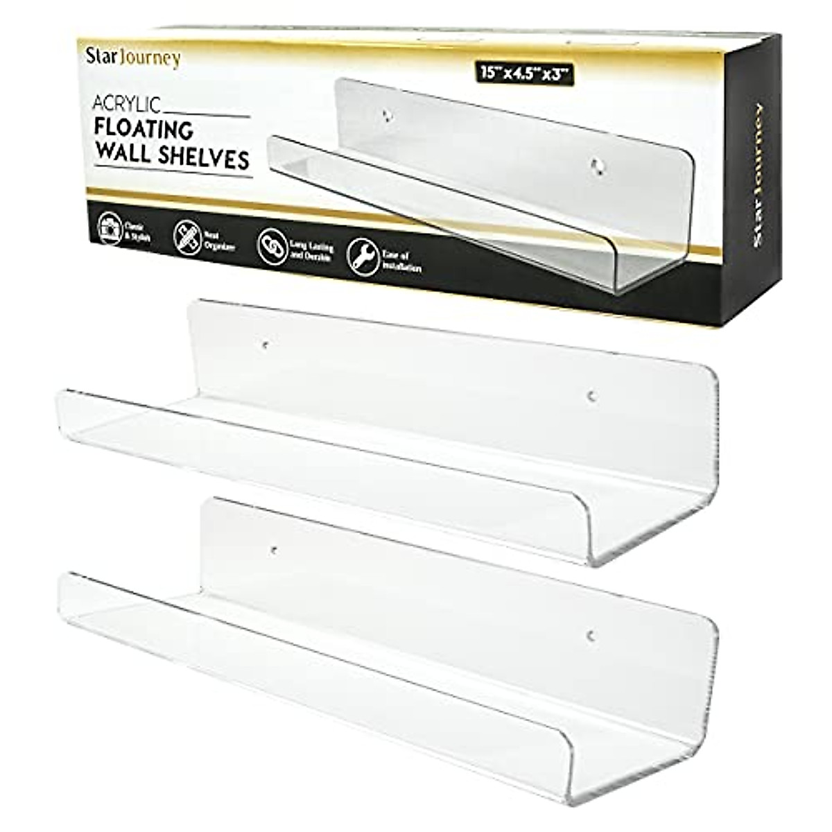 Acrylic Floating Shelves - Premium Grade 97% Clear Acrylic Wall Shelf, Displaying Great Moments On Picture Ledge Shelf, Vinyl Record Wall Mount Shelves, Clear Book Shelves, 50% Thicker. (Set of 2)