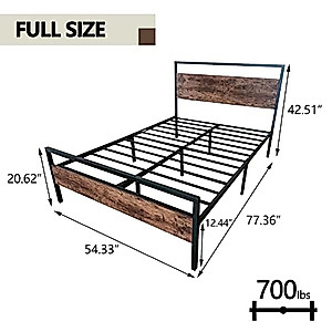 alazyhome Modern Industrial Full Size Bed Frame Metal Platform with Rustic Wooden Headboard and Footboard, No Box Spring Needed, Noise Free, Easy Assembly Black