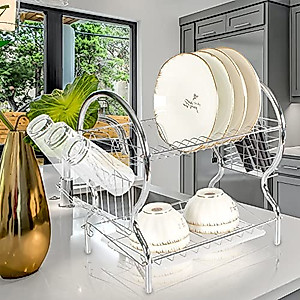 2 Layer 38cm Dish Drainerd Dual Layer Dish Drying Rack Kitchen Collection Shelf Drainer Organizer Over The Sink Mesh Colander Crate and Barrel (Silver, One Size)