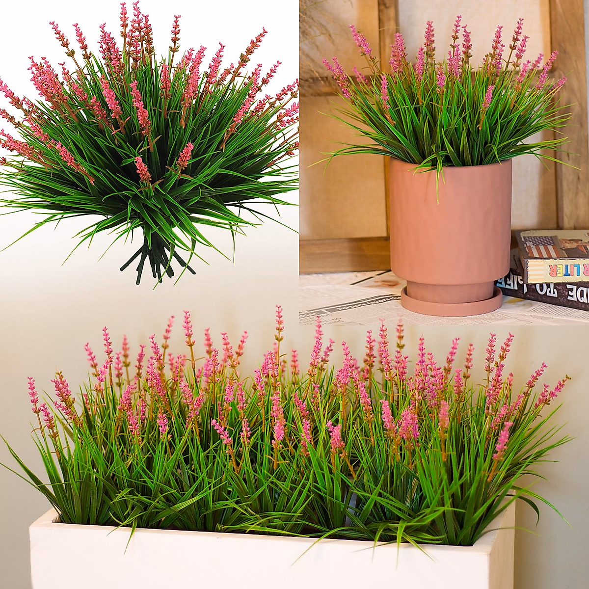 alyptus 12 Bundles Artificial Plants Outdoor Fake Monkey Grass with Flowers for Pot Garden Verandah Decor (Pink Flowers)