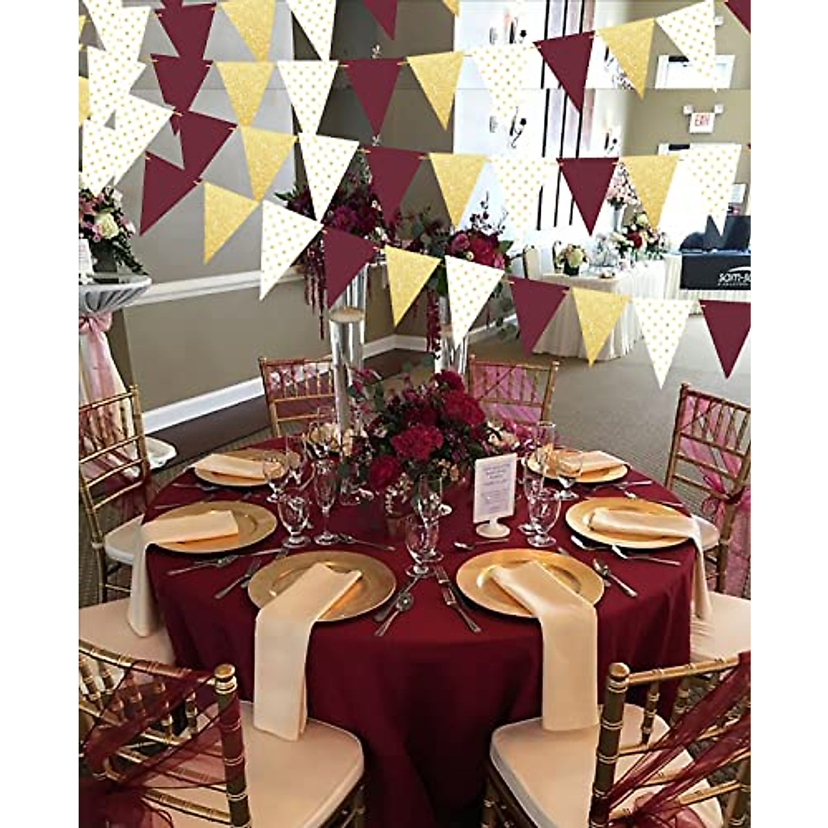Graduation Party Decorations 2023 Maroon Gold/Birthday Party Decorations for Women Burgundy Gold Polka Dot/2pcs Triangle Bunting Banners for Burgundy Gold Birthday Party/Rustic Wedding Decorations