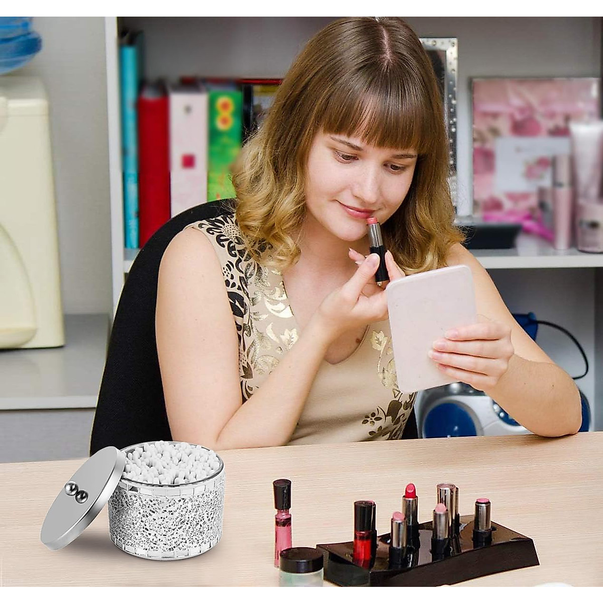 Bathroom Jars q tip holder, Mosaic Glass Cotton Swab Holder, Cosmetics Makeup Accessories Storage for Makeup Sponge Bath Salts Storage Christmas Birthday, Silver