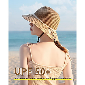 Beach Hats for Women, Beach Hat Womens UPF 50+, Straw Hat for Women Sun Hat Foldable Roll up Cap Khaki