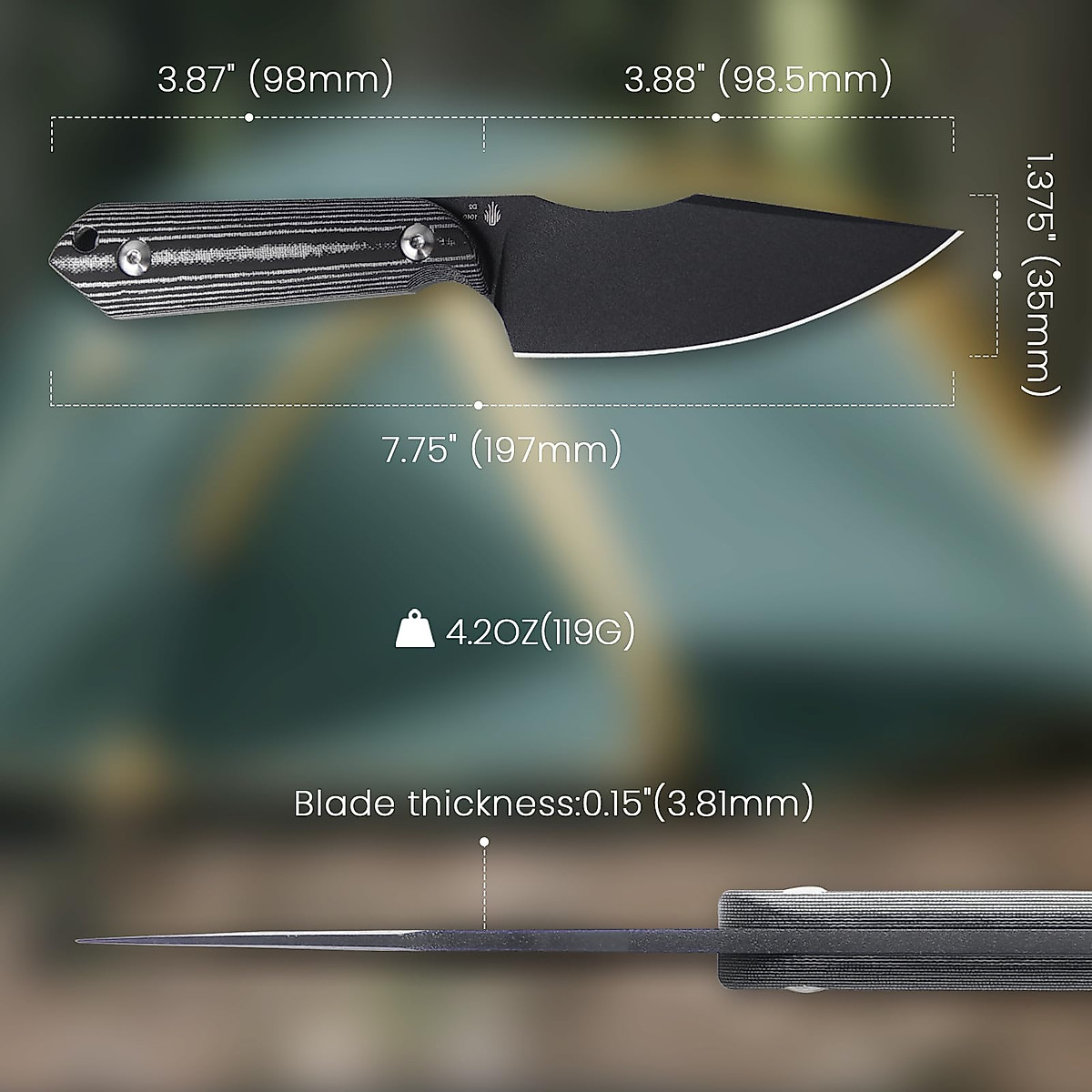 Kizer Harpoon Fixed Blade Knife, D2 Blade with Black Micarta Handle Hunting Knife, EDC Fixed Blade Knife with Sheath, Hiking Camping Knife 1040A1