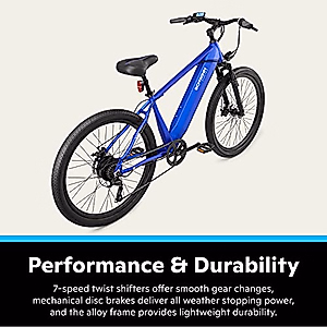 Schwinn Marshall Electric Hybrid Bike for Adults, Large/X-Large Step-Over Aluminum Frame, 250W Motor, 7 Speed, 27.5-Inch Wheels, Blue