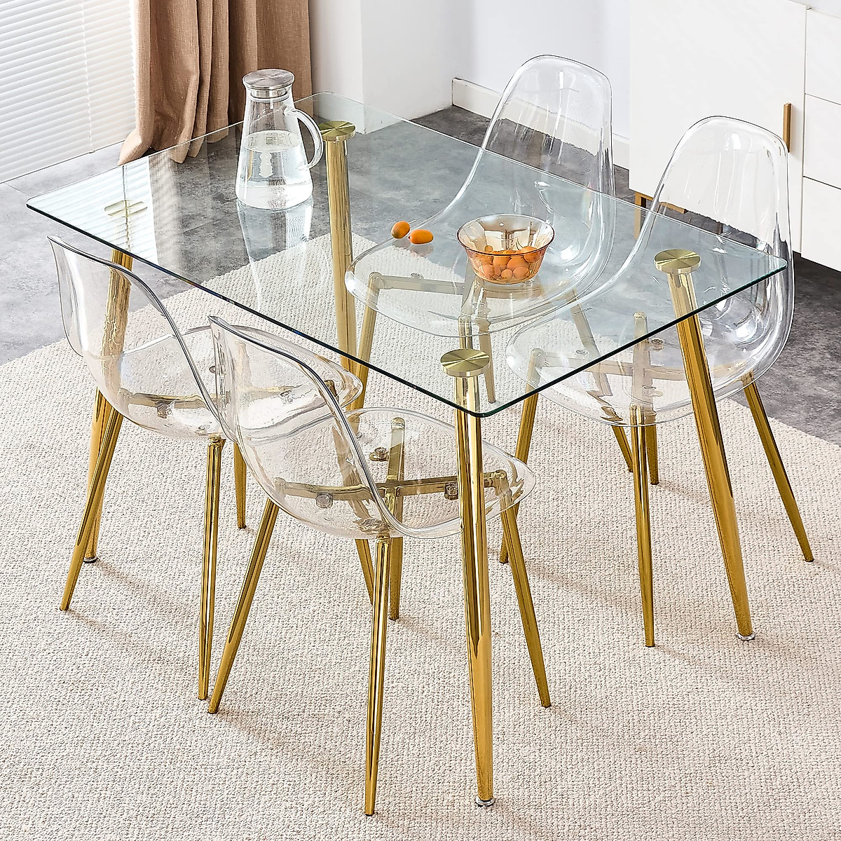 Ufurpie 5 Piece Glass Dining Table Set,51" Kitchen Table and Chairs for 4,Clear Dining Room Table Sets w/Gold Chrome Legs,Modern Dining Room Sets for Home, Kitchen, Dining Room(Gold)