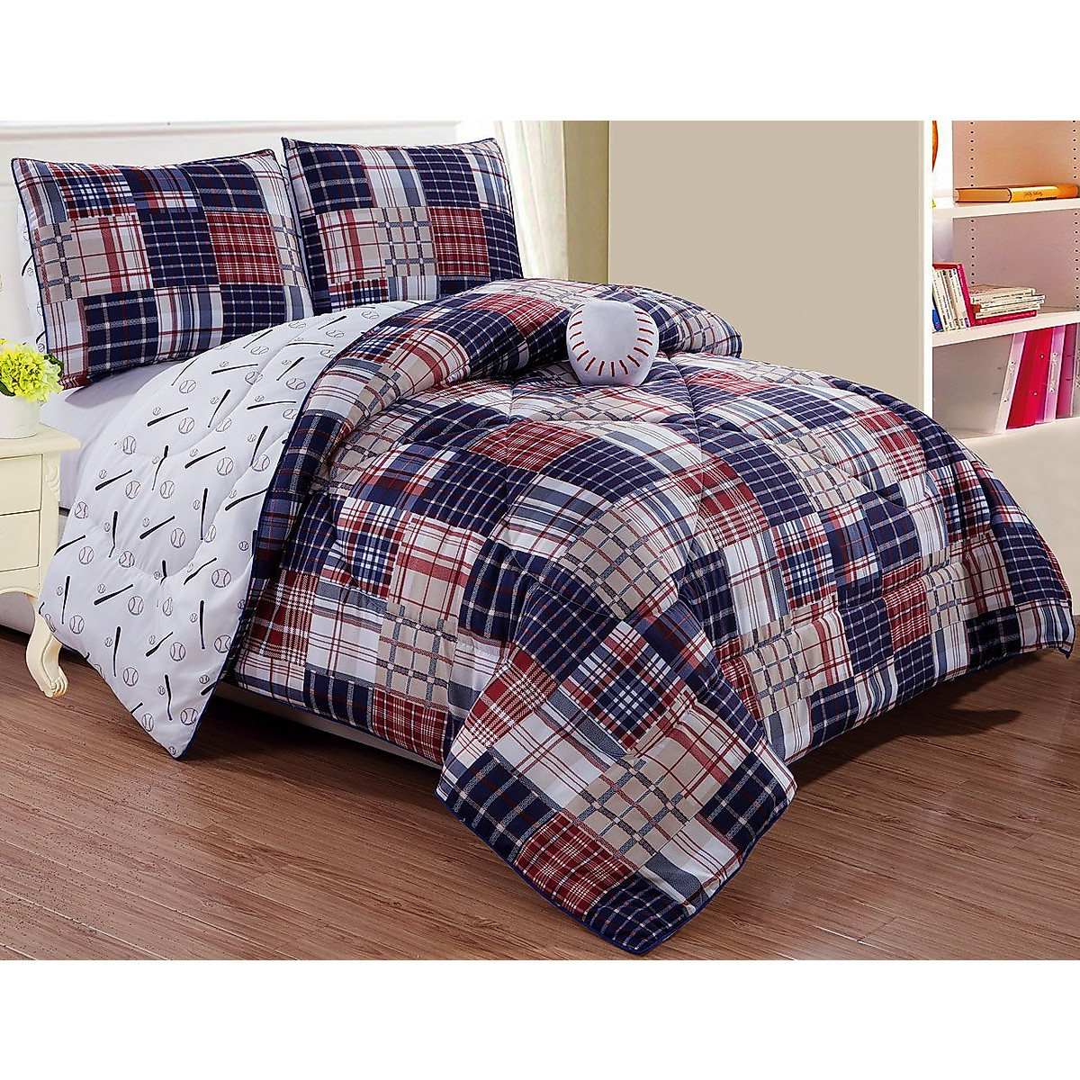 4 - Piece QUEEN Size BASEBALL Sports theme Comforter set with Plush Ball Pillow Included-Navy Blue, Red, White and Beige Plaid. Kids, Boys, Girls, Guest Room and School Dorm, Dormitory Bedding